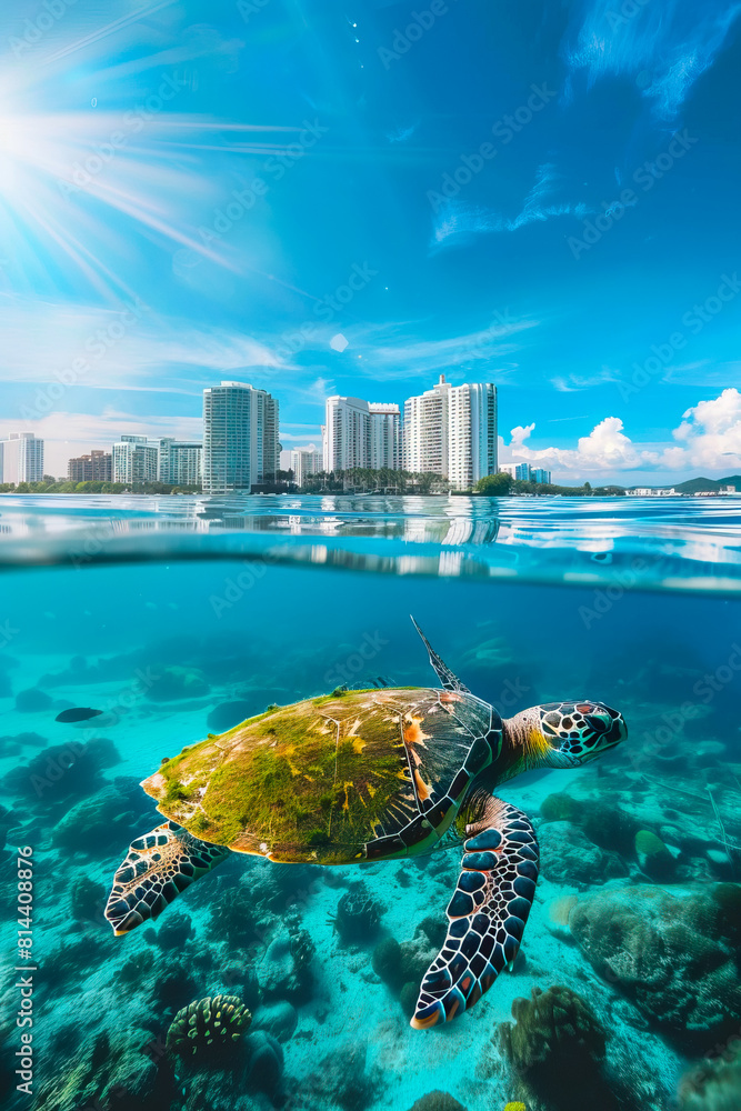 Turtle swimming in the sea, an island with high-rise buildings is ...
