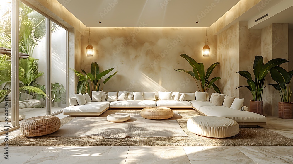 Hyperrealistic view of a minimalist chic living room with sparse ...