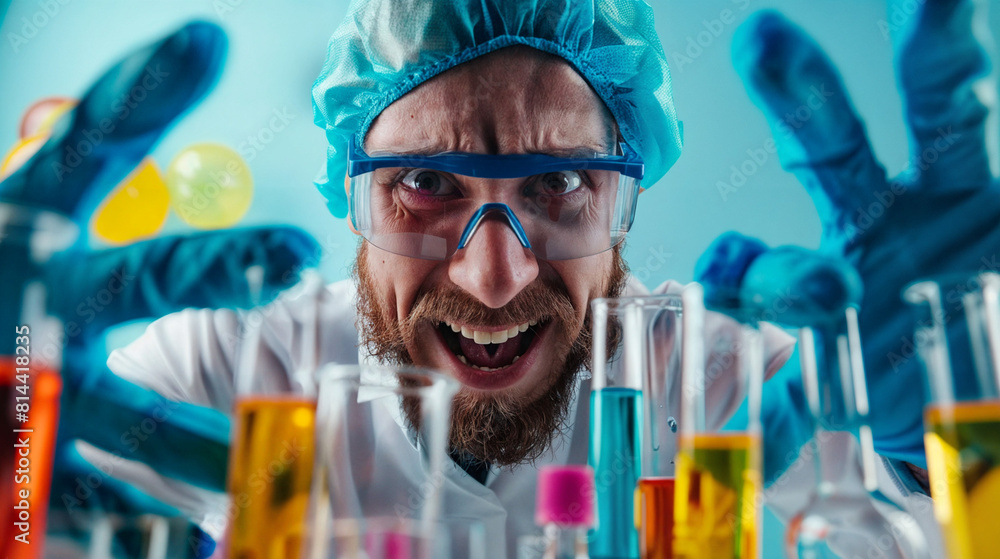 Crazy mad man scientist. in laboratory holding test tubes and beakers ...