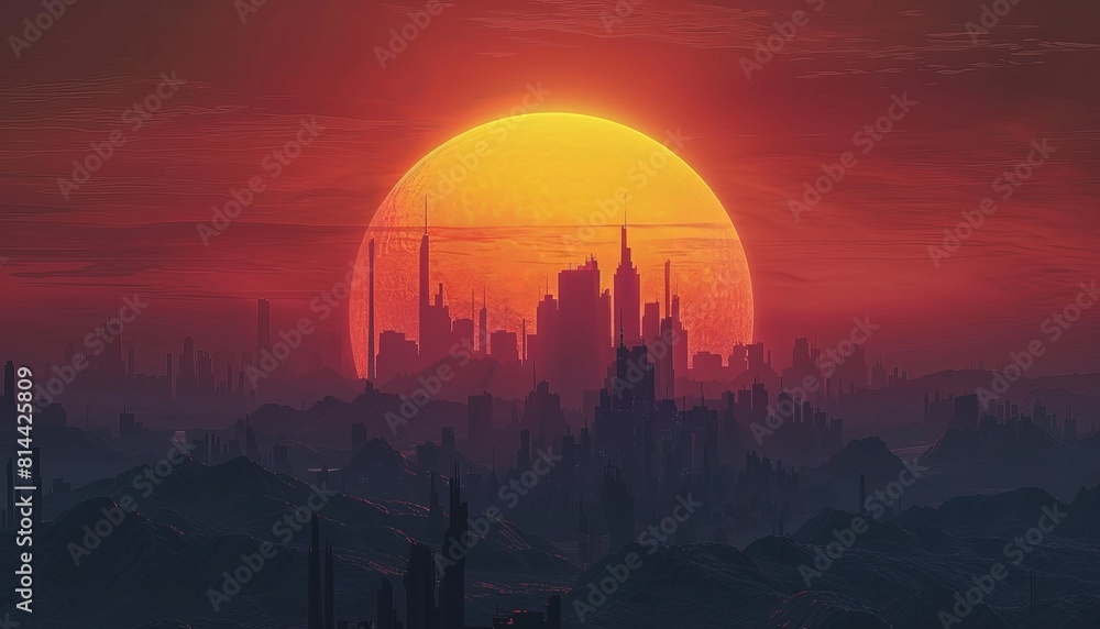 Dark sun flat design side view dystopian world theme 3D render ...