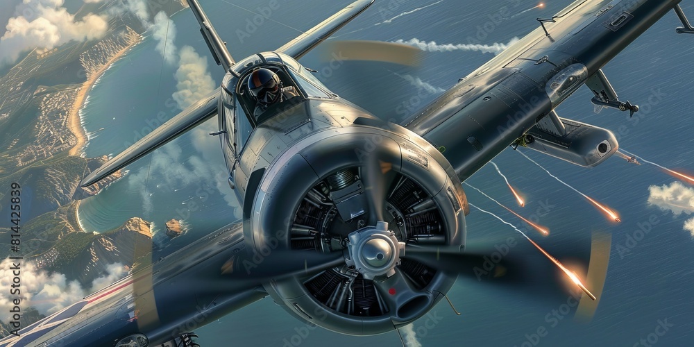 Detailed view of a propeller-driven fighter plane, focusing on the ...