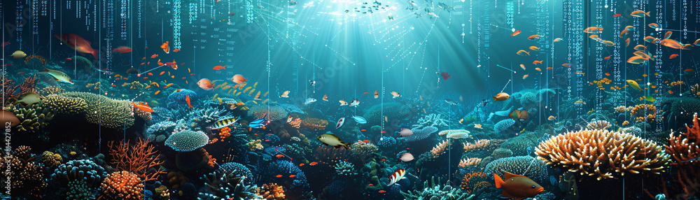 A wide shot of a coastal ecosystem features an overlay of data charts ...