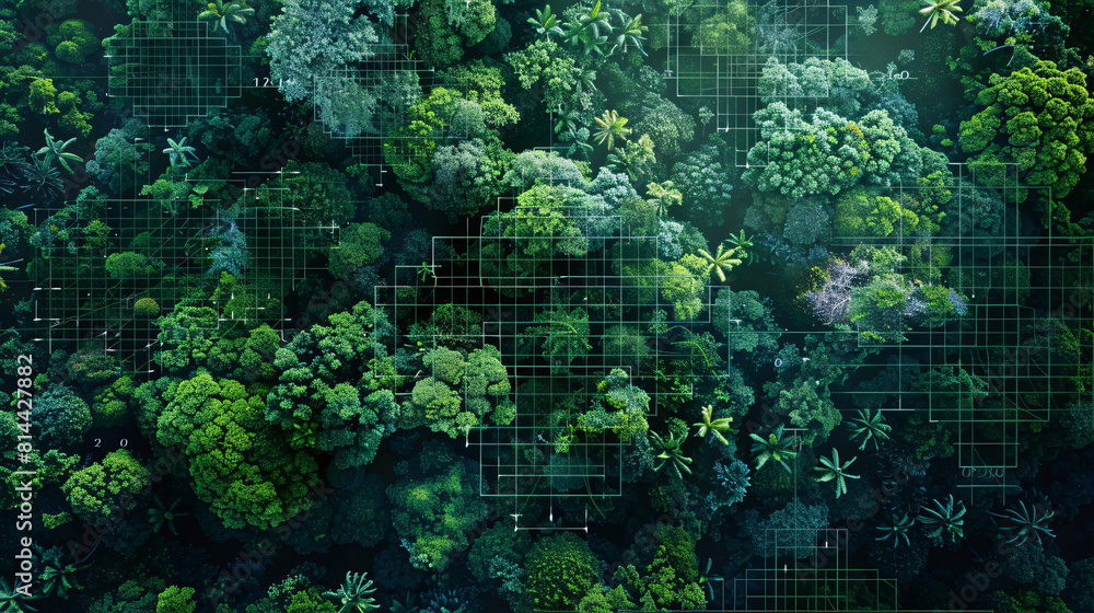 An aerial view of diverse ecosystems with digital data visualizations ...
