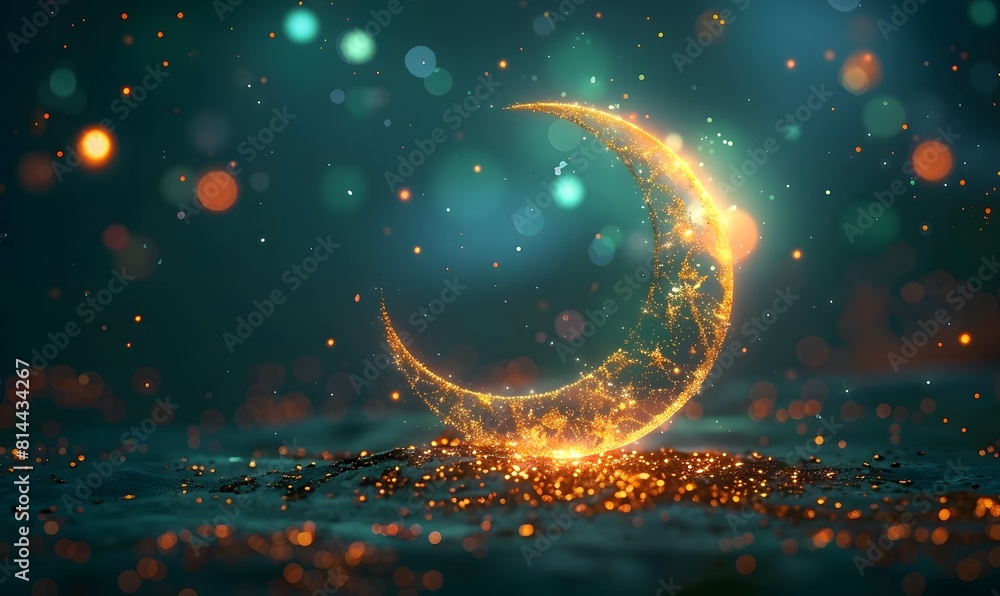 Eid Mubarak greetings with glowing Islamic moon on bokeh background, social media post design ...