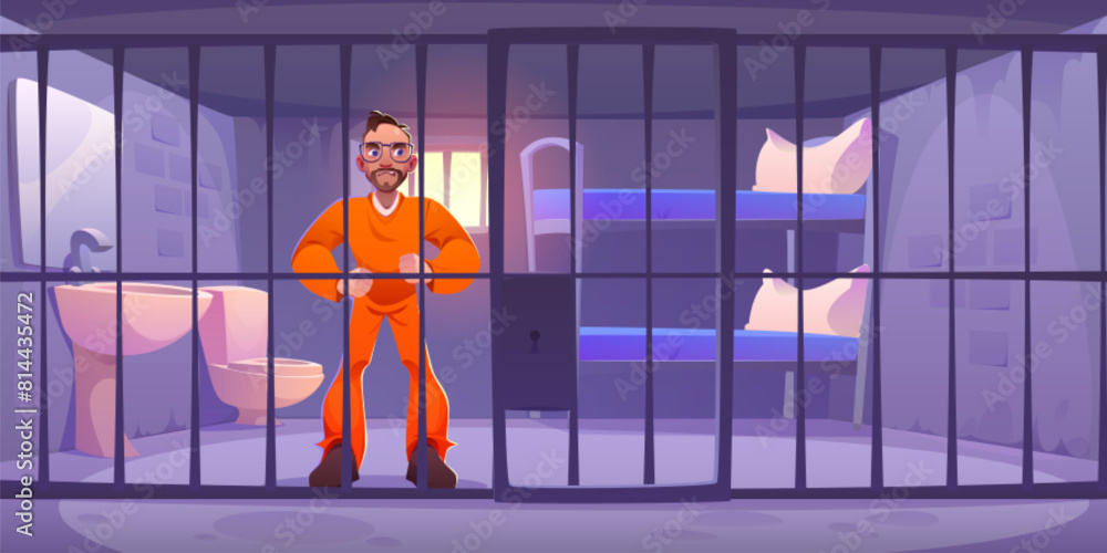 Male prisoner in orange uniform standing behind bars in prison. Cartoon ...