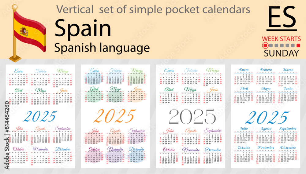Spanish vertical set of pocket calendar for 2025. Week starts Sunday ...