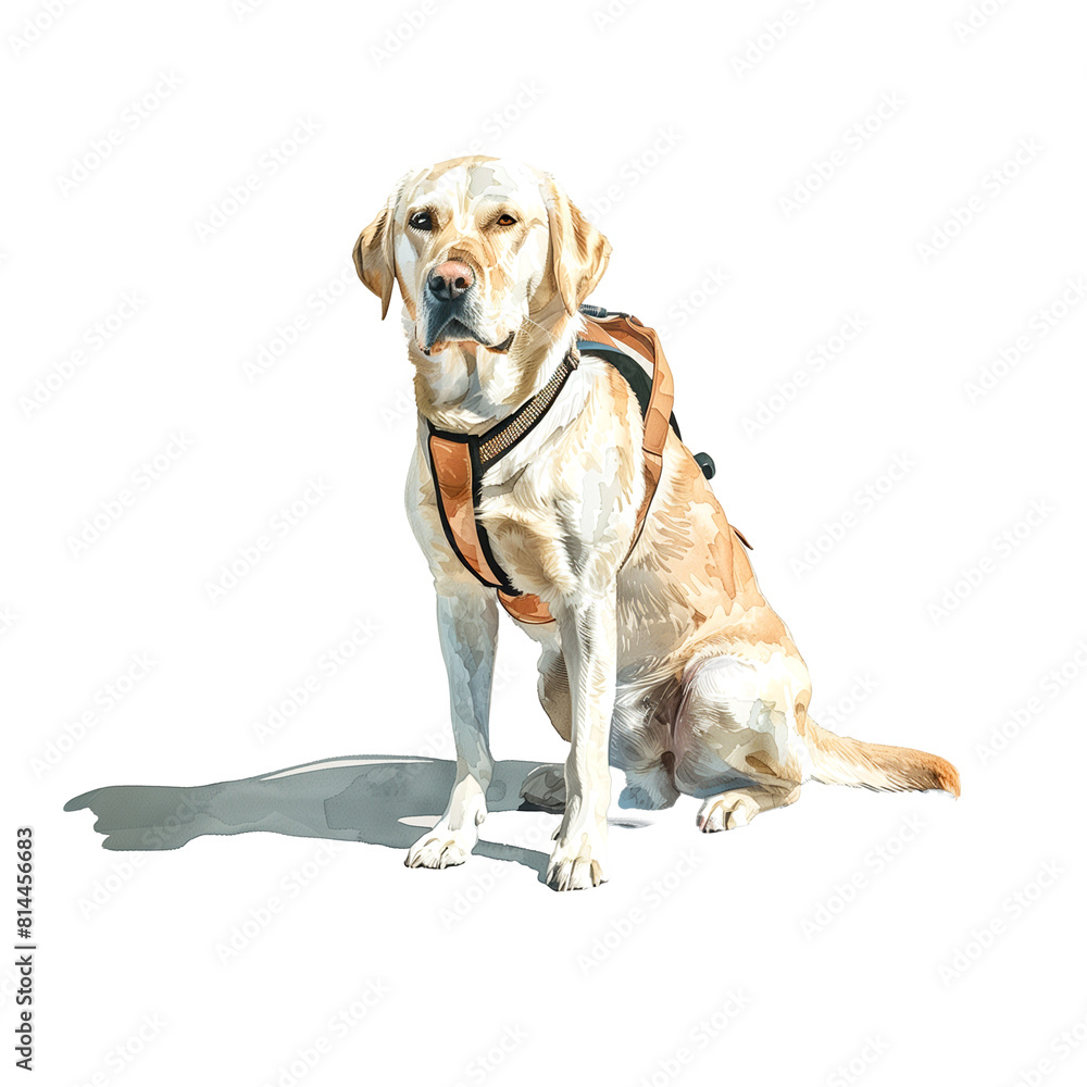 Watercolor illustration of a guide dog wearing a harness on a white ...