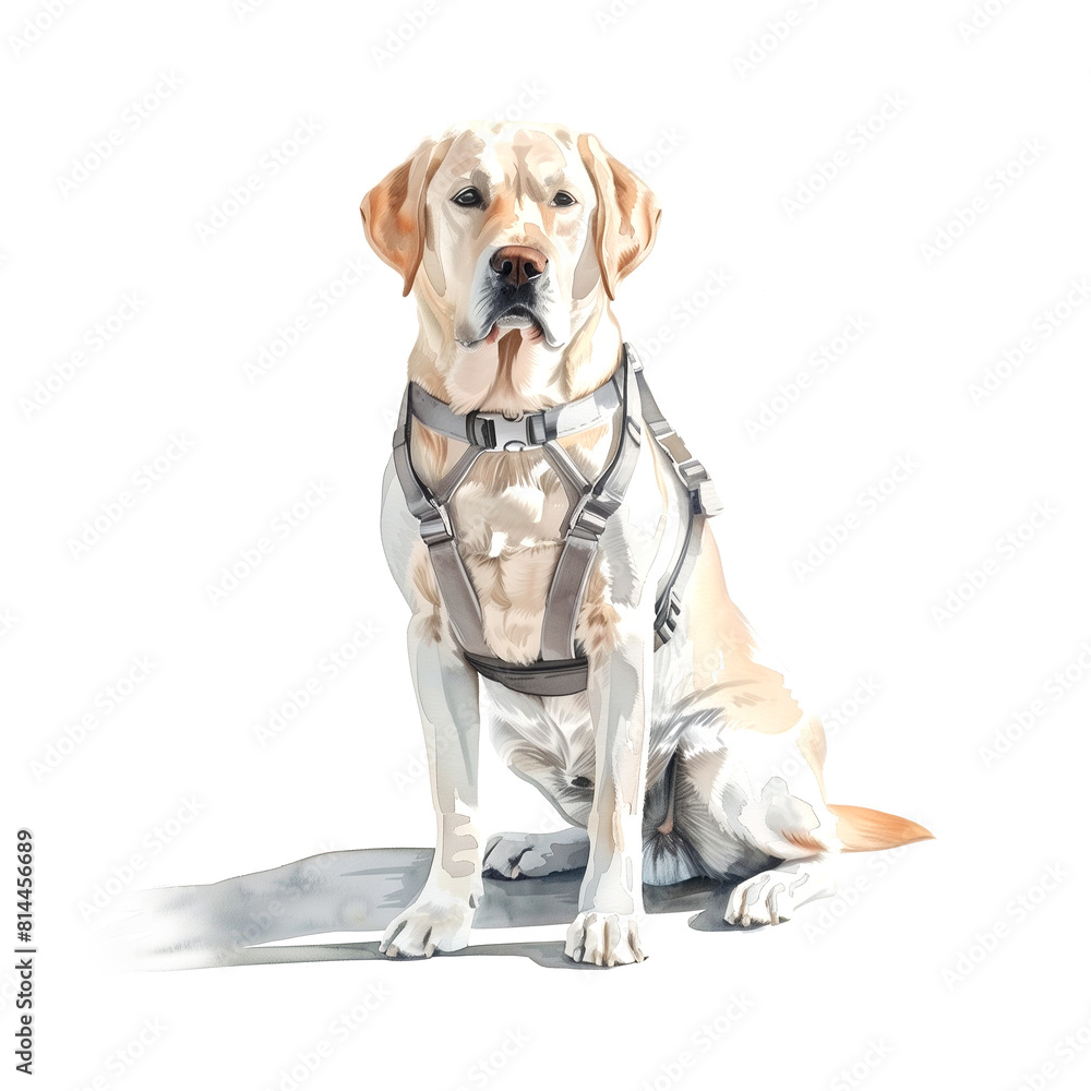 Watercolor illustration of a guide dog wearing a harness on a white ...