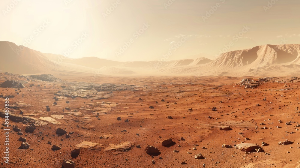 A panoramic view of Mars showing the iconic red dust and rocky terrain ...