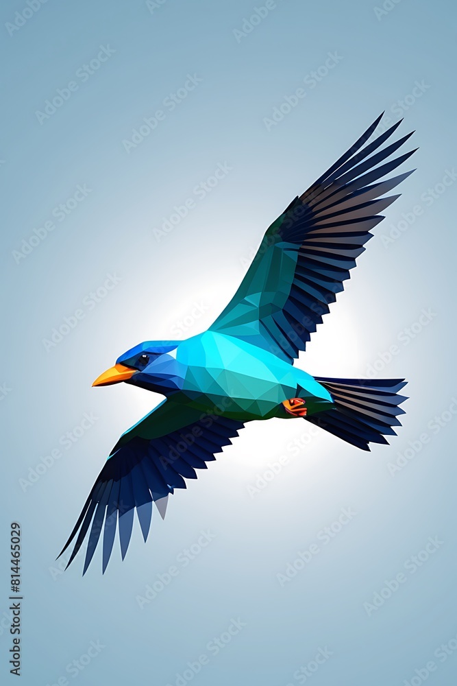 A clean vertical background with a single, low-poly 3D bird in flight ...
