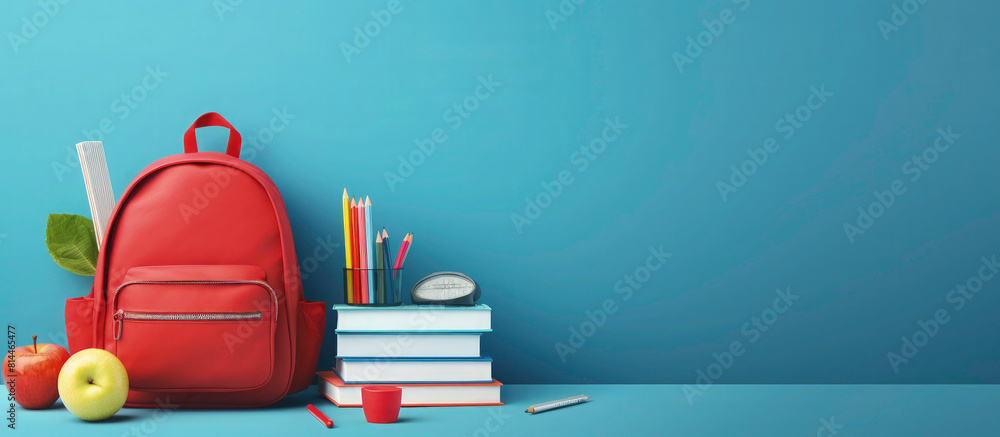 Welcome Back to background 3D renders of school essentials. School bag ...
