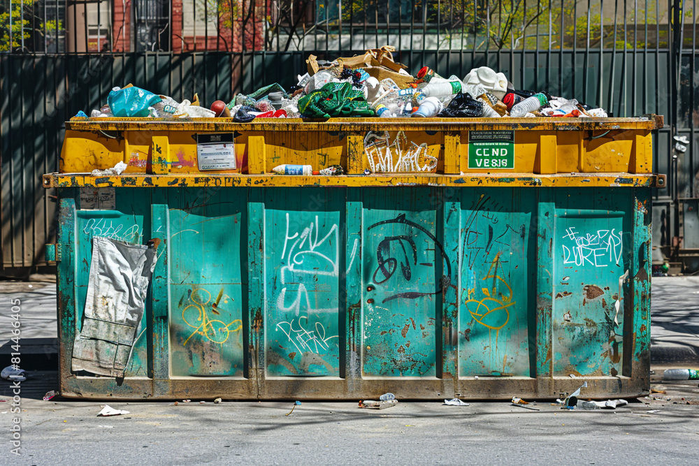 A large green open dumpster filled with assorted trash, located in an ...
