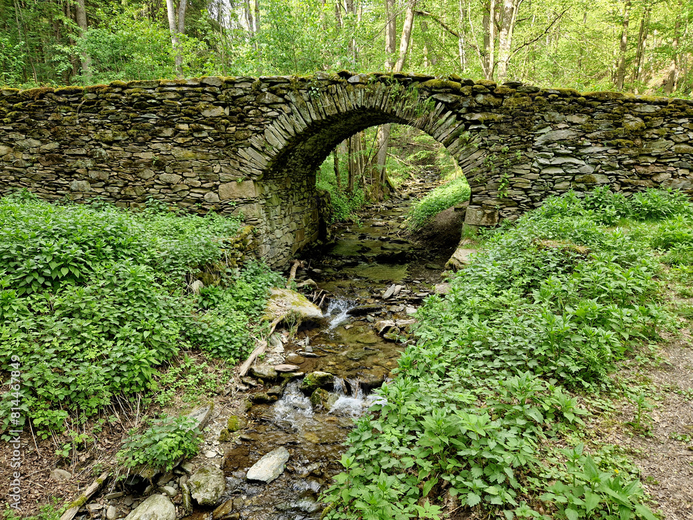 arch bridge, stone granite with railings to the arch. english landscape ...