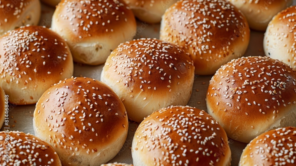Advertising-ready top shot of classic sesame seed buns with a golden ...