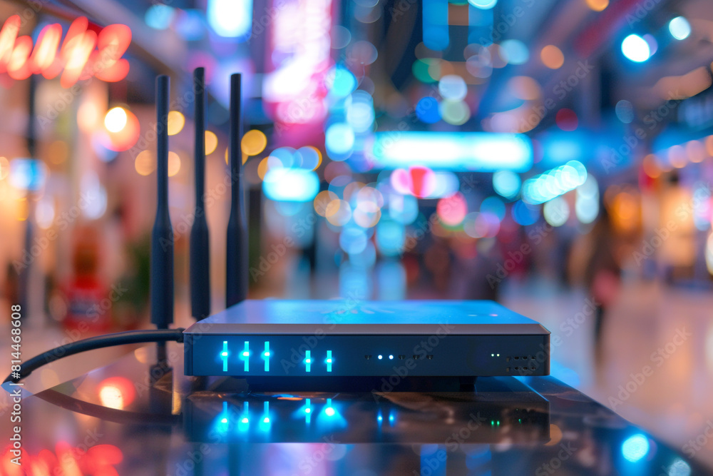 A modern 5G router providing high-speed wireless internet connection in a public area, enabling ...