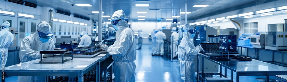 Scientists in cleanroom suits working on semiconductor assembly, cool ...