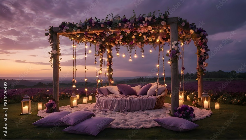 Purple sunset room with giant flower swing, led lights in clouds with a ...
