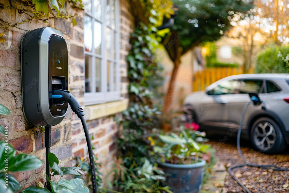 A modern private electric vehicle (EV) charging station installed at a ...