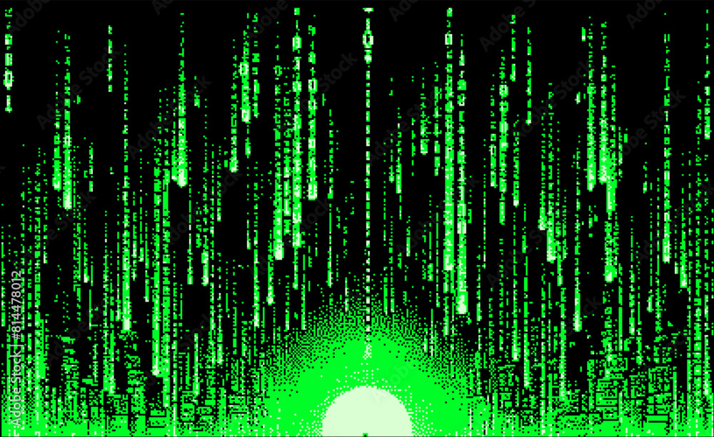 Distorted collapsing green pixels on a dark background. Vector ...
