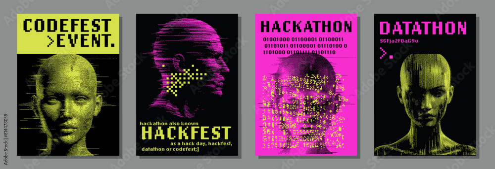 Set of futuristic posters with 8-bit pixel art illustrations of glitched human heads. Covers for ...