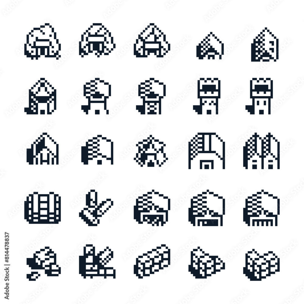 Town, houses icons set, pixel art style wooden village, isolated on ...