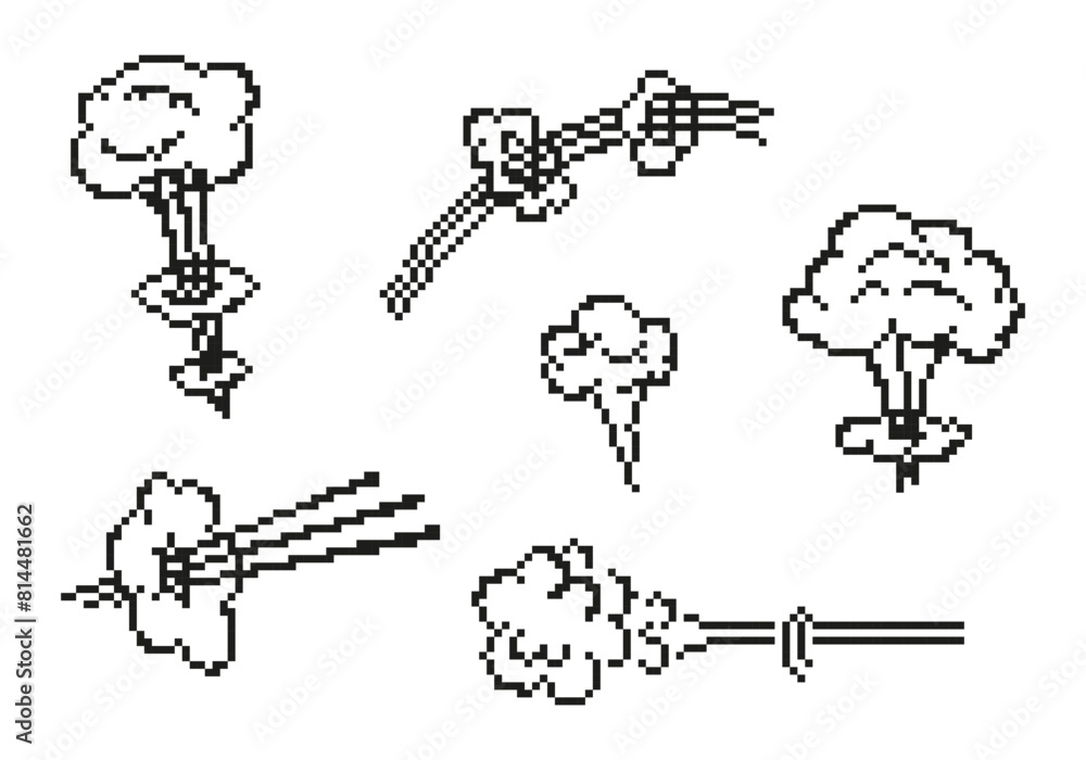 Set of comic style pixel action effects, speed lines on white ...