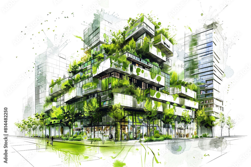 A sketch of an isolated green buildings promoting walkability and clean ...
