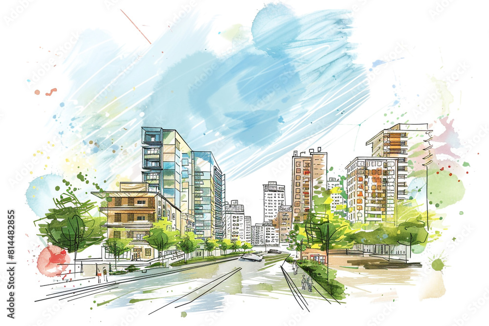 A sketch of an isolated green buildings promoting walkability and clean ...