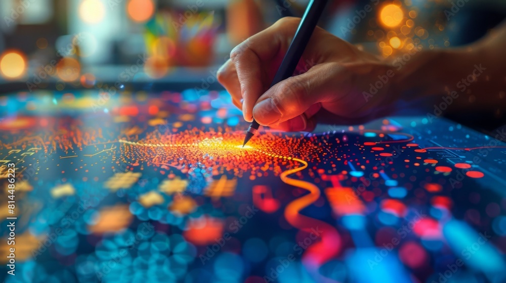 Hand drawing a visionary plan on a digital tablet. It has icons ...