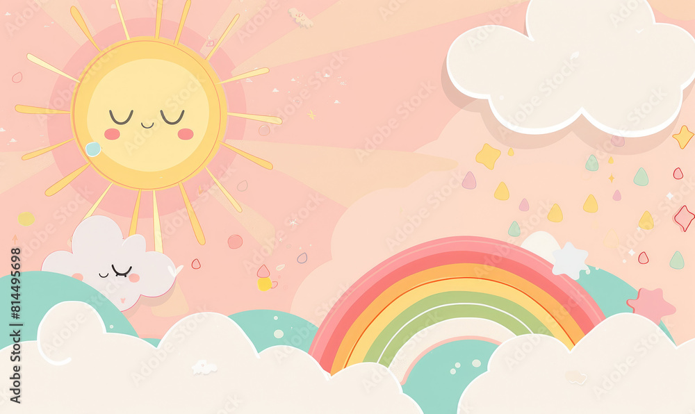 Cute pastel rainbow background with sun, clouds and rainbows vector ...