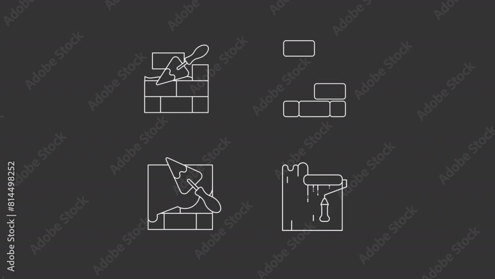Masonry work white line animations. Animated tools white icons. Brick ...