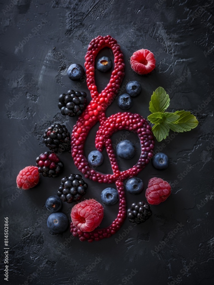 Clef made of berries on dark background. A musical symbol used to ...