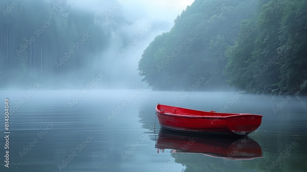 water movement dark red boat The morning sun casts its warm light ...