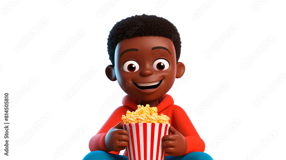 Smiling cartoon character African American child boy eating popcorn ...