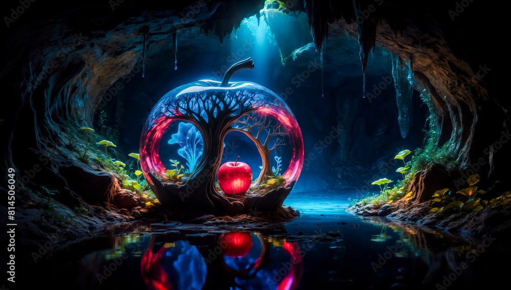 Mystical Apple Garden: A red apple enclosed within a transparent glass ...