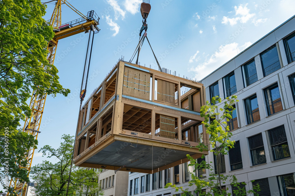 A wooden building module is raised by a crane and placed into the ...