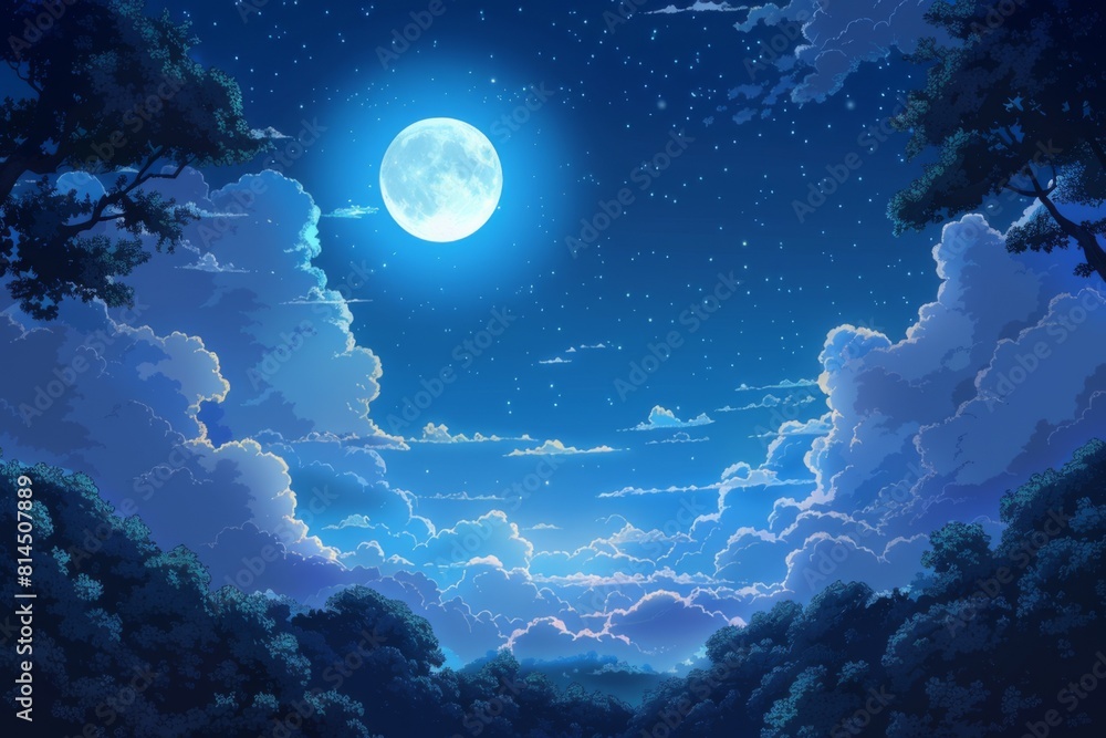 A stunning anime-style night sky featuring a bright full moon ...