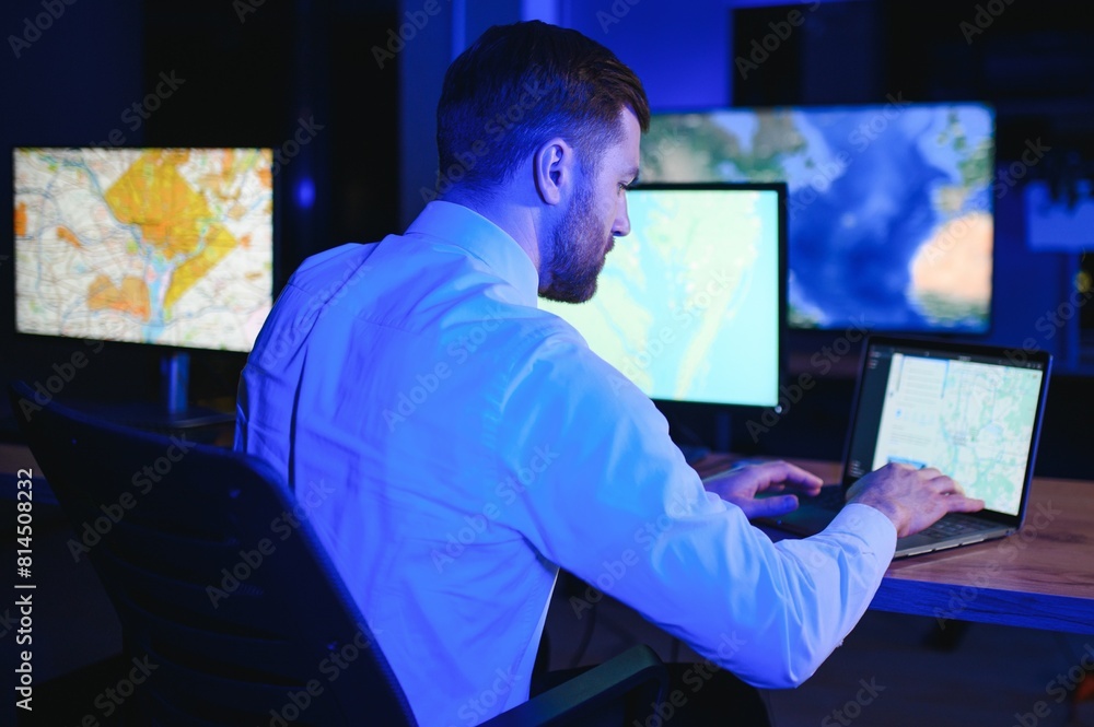 Male Data Scientist Works on Personal Computer Control and Monitoring ...