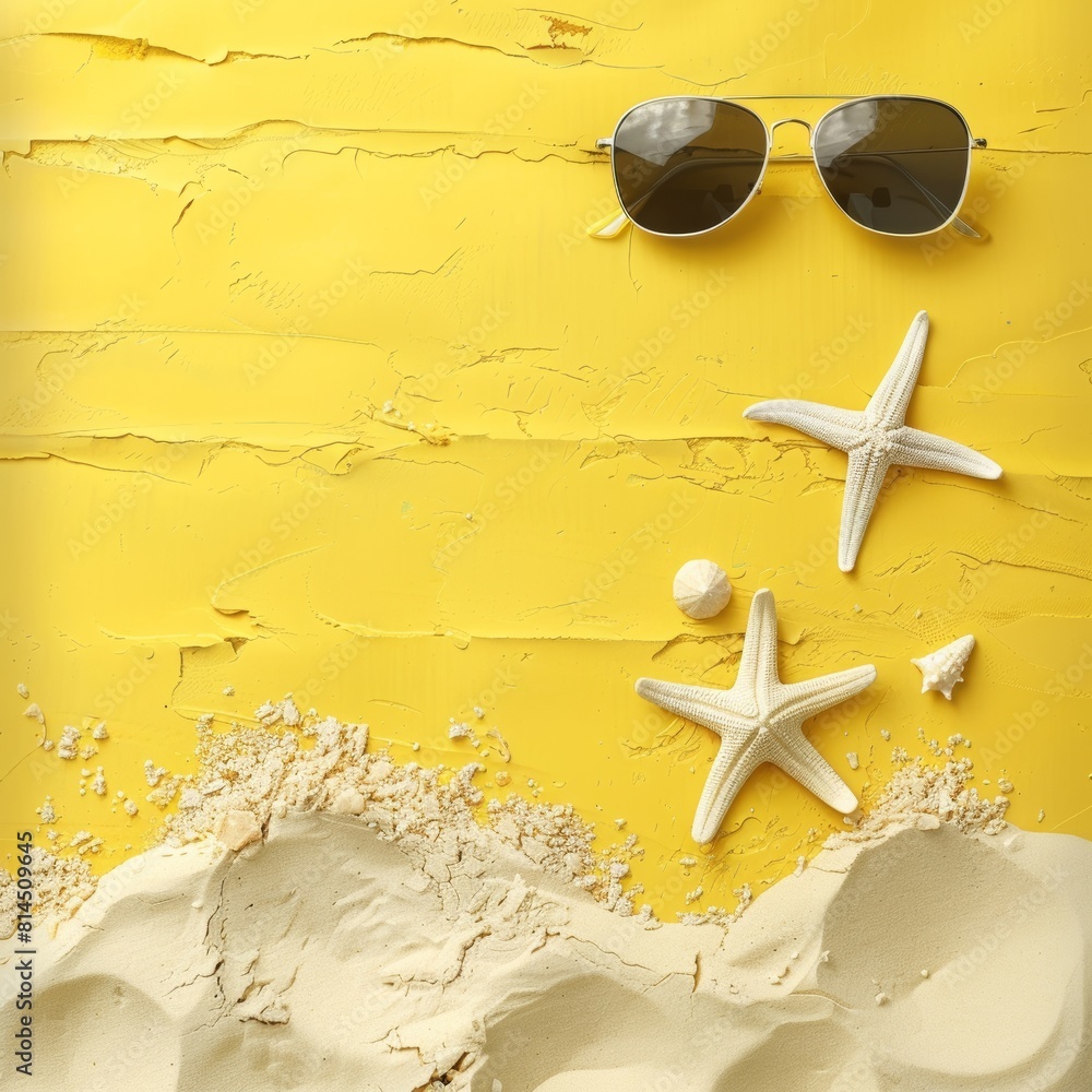 Summer background with sunglasses, sand and starfish on yellow orange ...
