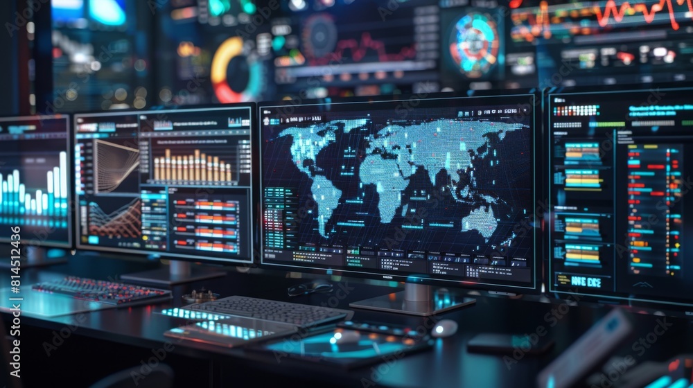 Multiple screens display interactive global data, graphs, and maps in a ...