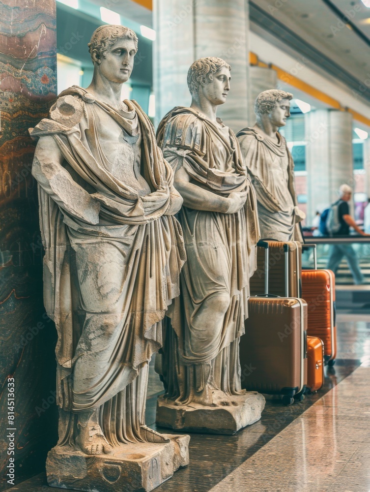 Foto de Antique Greek and Roman statues travel with suitcases ...