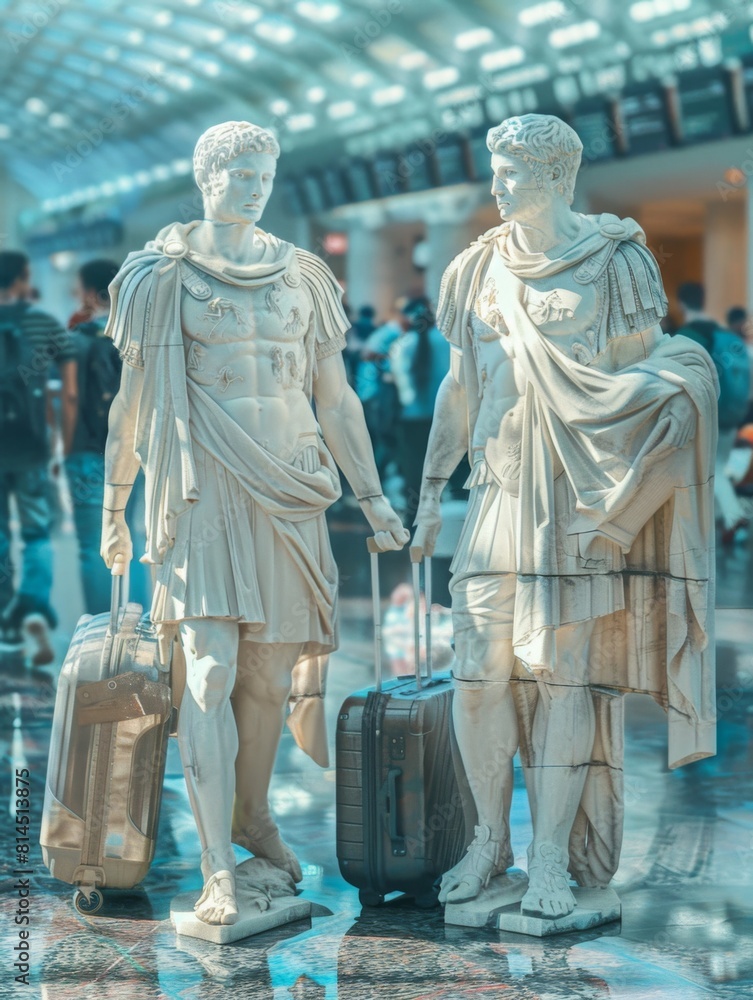 Antique Greek and Roman statues travel with suitcases. Sculptures of ...