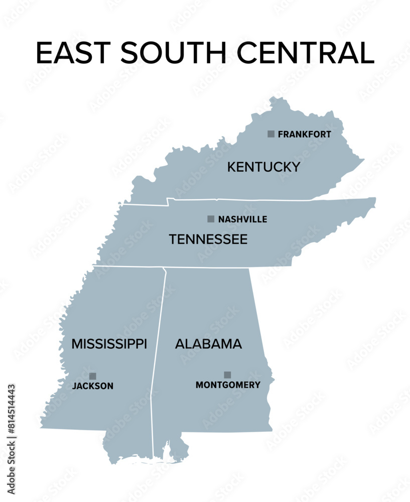 East South Central states, gray political map. United States Census ...