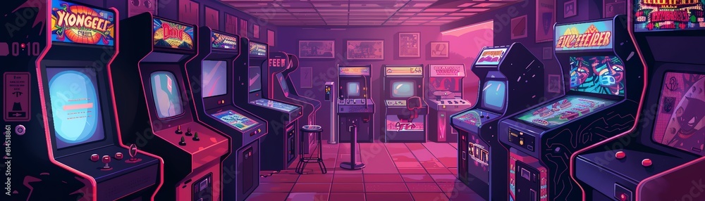 An 80s retro arcade with neon lights and vintage arcade cabinets. Stock ...
