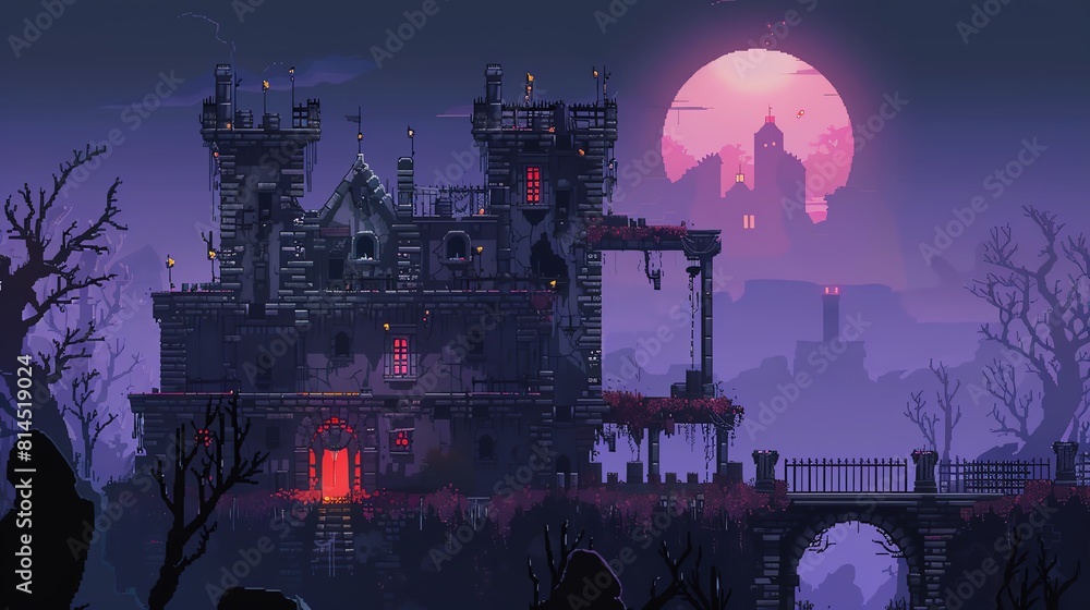 A pixel art of a haunted castle with a large red moon in the background ...