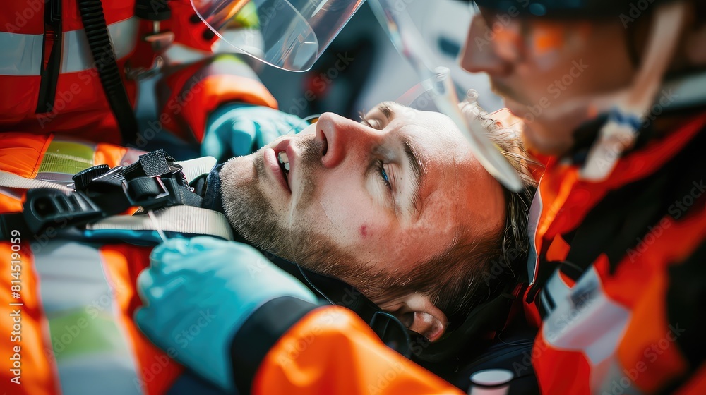 Rescuers providing critical care to an accident victim, using a ...