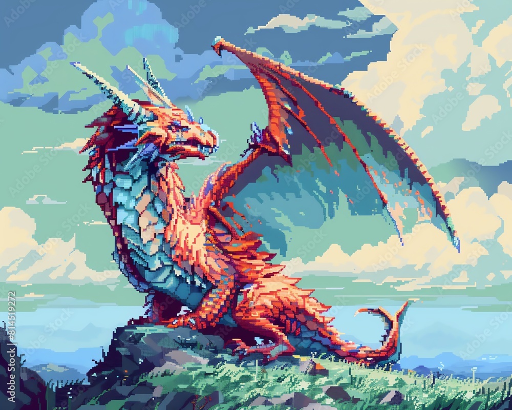 A pixel art of a red dragon with blue and green accents. The dragon is ...