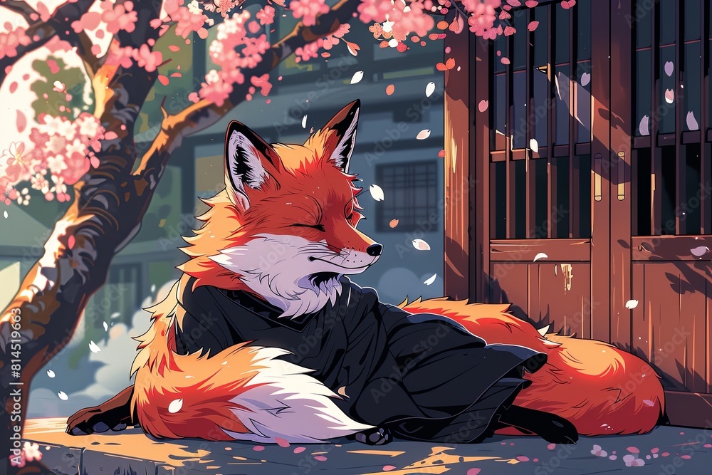 Black Dressed Fox Lounging under Cherry Blossom Tree - Realistic ...