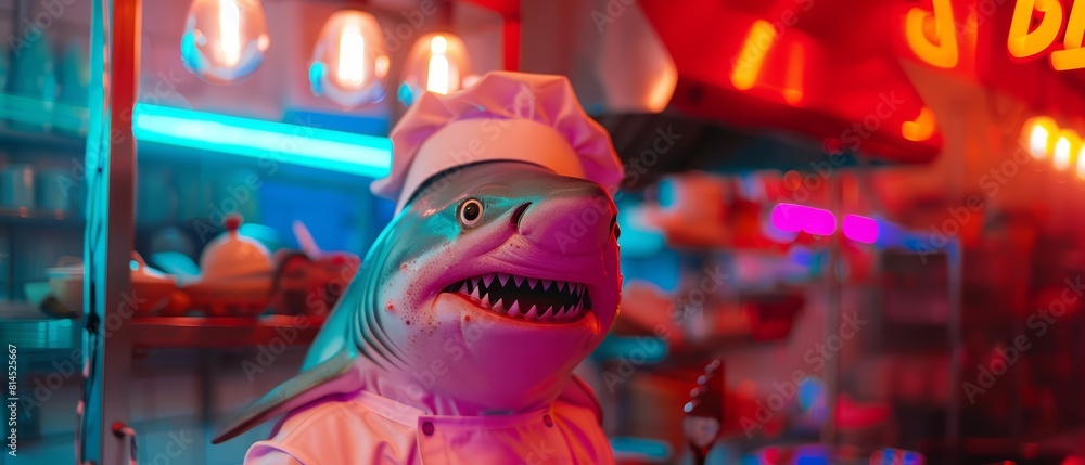 A cute charismatic closeup of a shark dressed as a chef, cooking in an ...