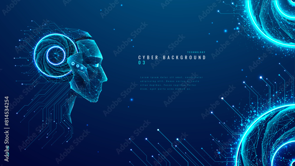 AI humanoid robot in light neon blue on a technology background ...